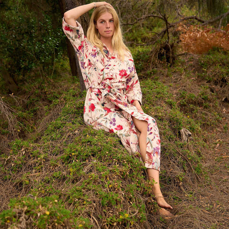 Enchanted Aviary Cotton Waffle Kimono Robe